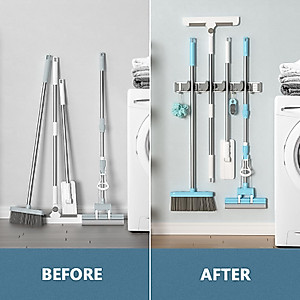 Holikme Mop Broom Holder Wall Mount Metal Pantry Organization and Storage Garden Kitchen Tool Organizer Wall Hanger for Home Goods (4 Positions with 4 Hooks, Silver)