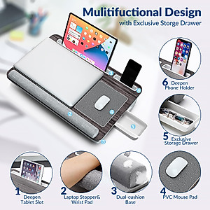 Gimars Home Office Lap Desk Fits up to 17 Inches Laptop with Dual Cushion,Wrist Rest, Built-in Mouse Pad, Tablet Phone Holder and Storage Drawer, Grey