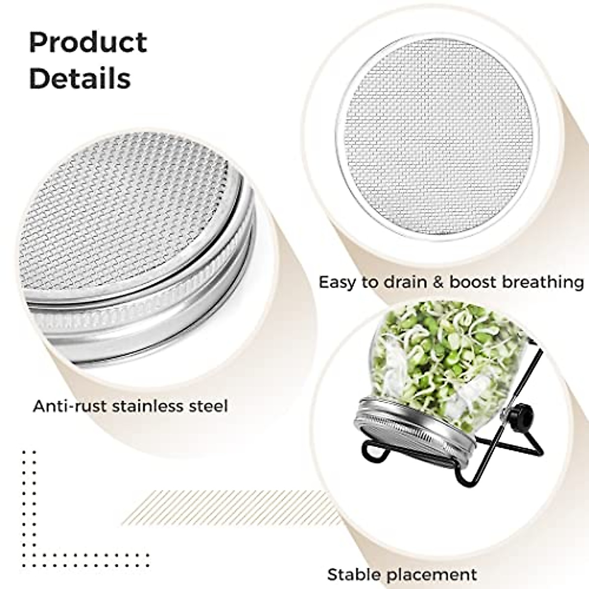 Homaisson 4 Packs Sprouting Jar Lids Sprouting Stand, Stainless Steel Mason Sprouting Jar Lids with 4 Jar Stands, 3.39inch Breathable Wide-Mouth Sprouting Jar Lids for 3.39inch Mason Jars, Grow Bean Sprouts, Broccoli Seeds, Alfalfa,