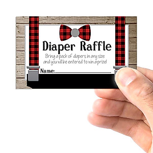 Amanda Creation Little Man Bow Tie Buffalo Plaid Suspenders Diaper Raffle Tickets for Boy Baby Showers, 20 2" X 3” Double Sided Inserts, Bring a Pack of Diapers to Win Favors & Prizes