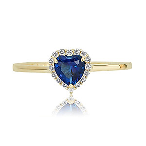 AVORA 10K Yellow Gold September Birthstone- Blue Sapphire with Simulated Diamond CZ Heart Halo Fashion Ring - Size 8
