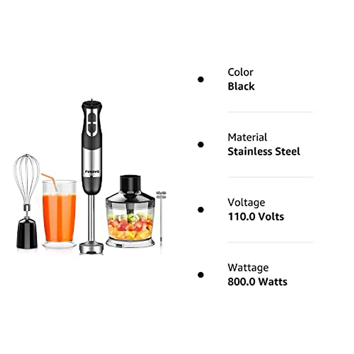 FUNAVO Hand Blender, 800W 5-in-1 Immersion Hand Blender, 12-Speed Multi-function Stick Blender with 500ml Chopping Bowl, Whisk, 600ml Mixing Beaker, Milk Frother Attachments, BPA-Free