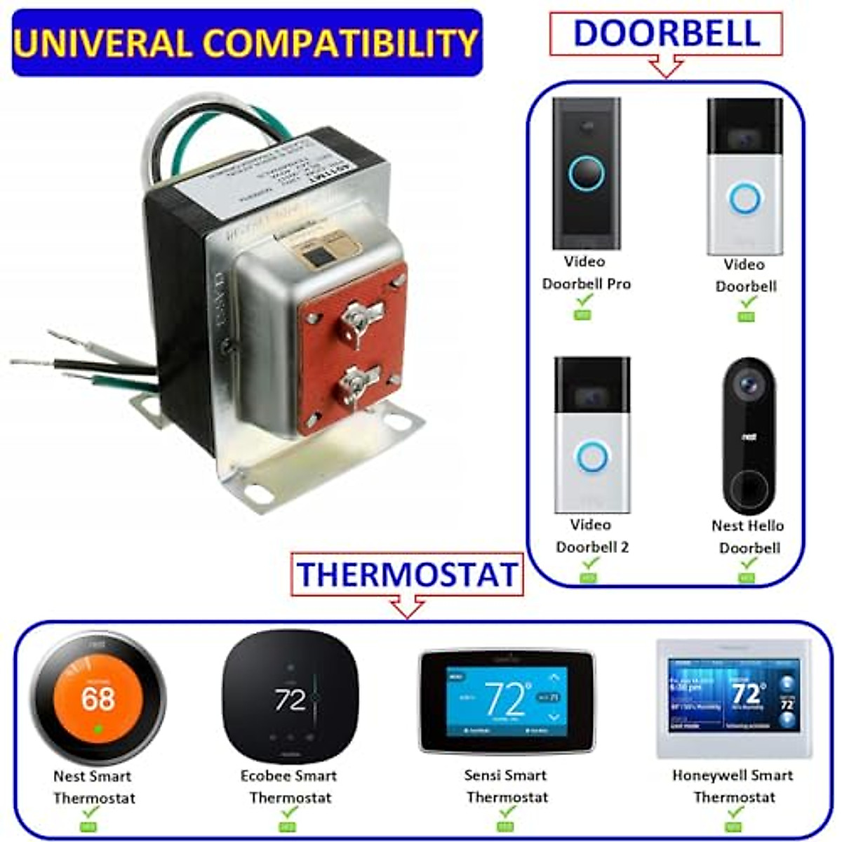 BOJACK 24V 40VA Thermostat and Doorbell Transformer, Power Supply Compatible with Nest, Ecobee, Sensi and Honeywell Thermostat, Nest Hello Doorbell and All Versions of Ring Doorbell