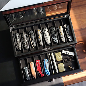 Besforu Pocket Knife Display Case for men collection holder 15-17 folding knife with Walnut Finish Two-Tier Knife organizer storage box with Real Glass Window Top (ebony veneer with draw)