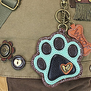 Chala Canvas Crossbody Messenger handBags with Keyfob/Coin Purse - (Green Paw) (Olive -Teal Paw)