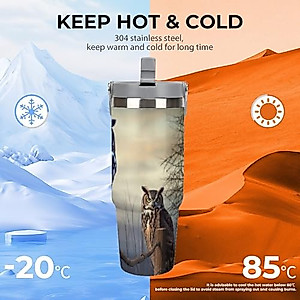 BWQJKUO Large Capacity Car Cup 30 Oz Stainless Steel Owl Sitting Tree Fence Printed Travel Mug Leak-proof Flip Straw Tumbler with Handle,keeps Cold Or Ho