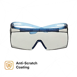 3M Safety Glasses, SecureFit 3700 Series, Anti-Scratch, Fits Over Glasses, Indoor/Outdoor Gray Lens, Blue Temple