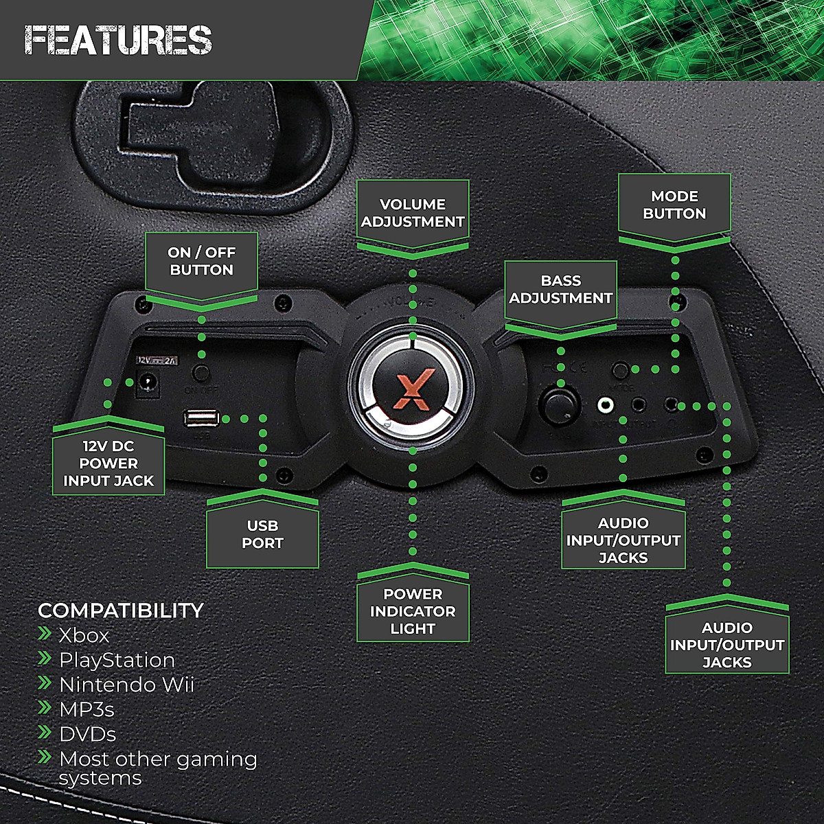 X Rocker Gamma Recliner Gaming Chair, 2.1 Bluetooth Audio System, Headrest Mounted Speakers, Built-in Footrest and Cupholder, 718001, 34.84" x 39.37" x 30.31", Black