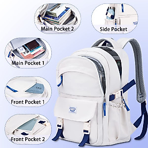 School Backpack Laptop Computer Backpack 15.6 inch Anti-theft Big Daypack Casual Bag Travel Bookbag Aesthetic Cute Backpacks for College Large Backpacks Purse for Boy Girl Teen Women Men Student-White