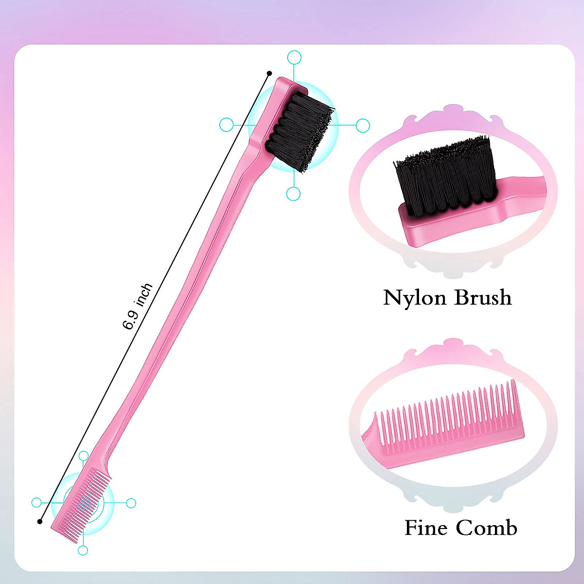 Geiserailie 3 Pcs Slick Back Hair Brush Set Bristle Brush Edge Control Teasing Comb for Women Black Hair(Light Pink)