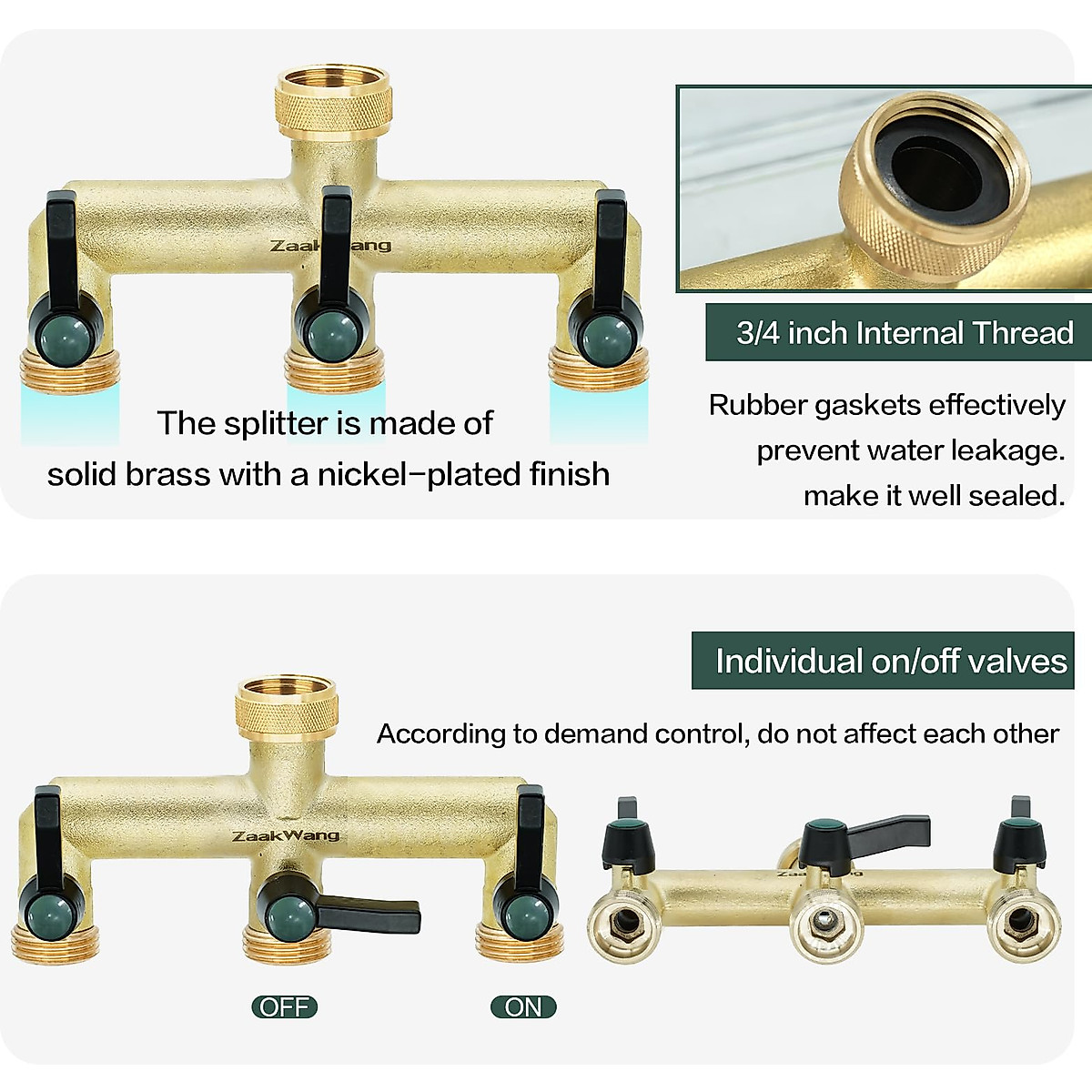 ZaakWang Brass Garden Hose Splitter, 3/4" 3 Way Tap Splitter,Hose Tap Splitter Connection with 3 Individual On/Off Valve and Extended Handle, Hose Pipe Tap Splitter for Garden Outdoor Home