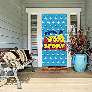 ZDX It's a Boy Story Door Banner 72.8x35.4in Blue Sky White Clouds Kids Baby Shower Decor Background Banner