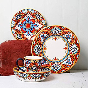 Fine Dinnerware Set,4 Pieces Rustic Style Red Vintage Pattern Ceramic Tableware Porcelain Plate Bowl Mug Dinner Gift
