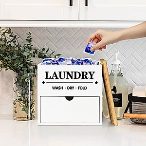 Dryer Sheet Holder with Drawer and Lid, Wood Dryer Sheet Dispenser and Laundry Pods Container for Laundry Room Organization and Storage, Laundry Pod Holder Wall Mount for Laundry Room Decor (White)