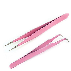 Gaweb Tweezers, Stainless Steel False Eyelashes Home Tool Bend Straight Lashes Applicator Clip - Pink Bend