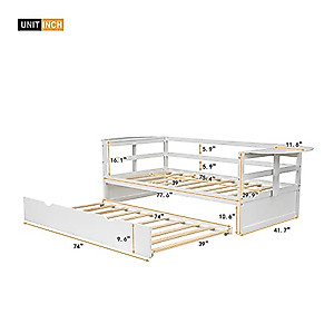 Polibi Twin Size Daybed with Trundle and Foldable Shelves on Both Sides, Wooden Sofa Bed with Wood Frame and Slats, No Spring Box Needed