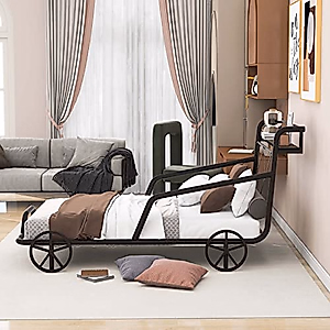 Twin Size Metal Platform Bed Frame with 4 Wheels and Storage Shelf, Car-Shaped Metal Bed with for Kids Teens Boys Girls, No Box Spring Needed, Under Bed Storage (Black)