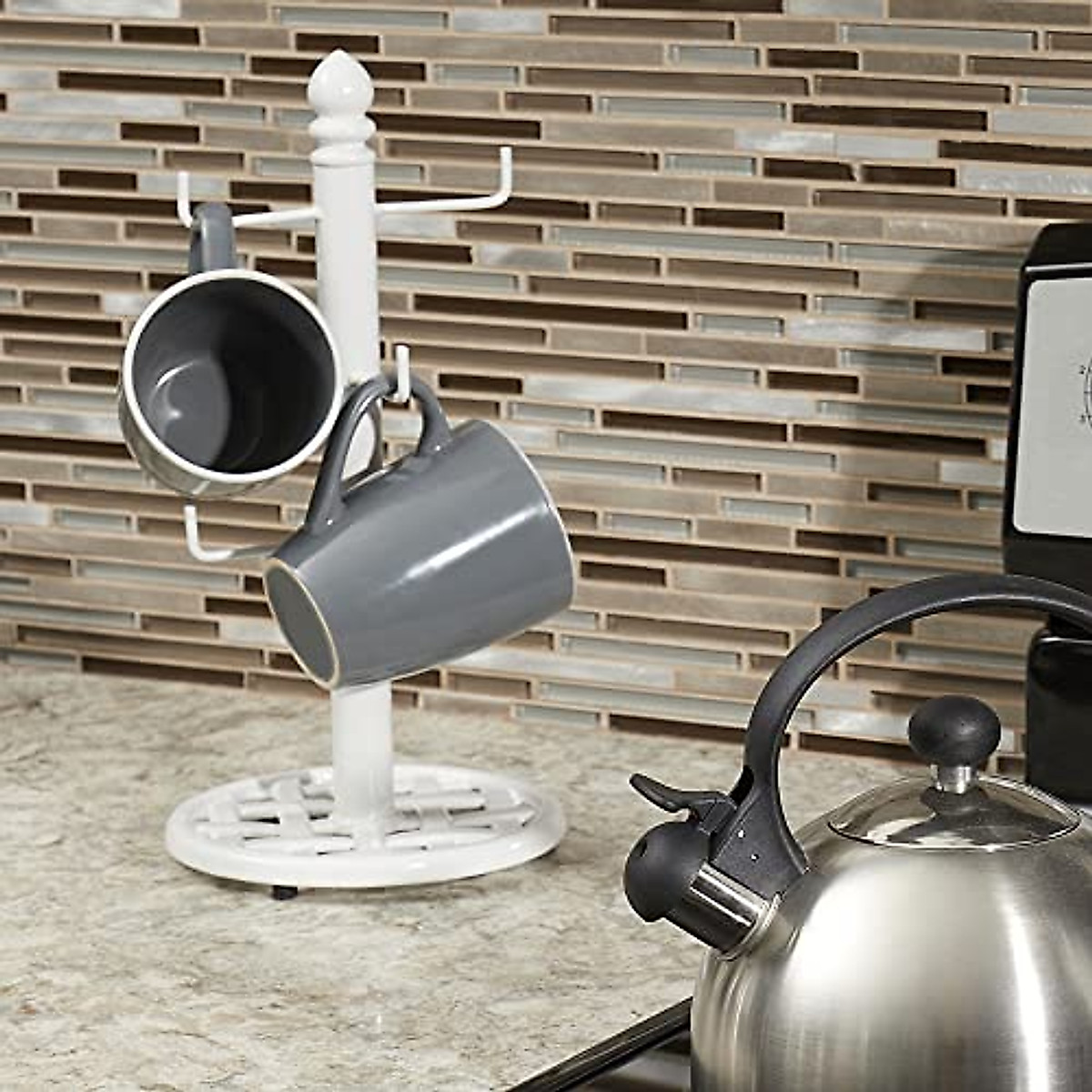 Home Basics Weave 6 Hook Cast Iron Mug Tree, White | Round Base | Rubber Feet | Strong Branches to Hold Mugs