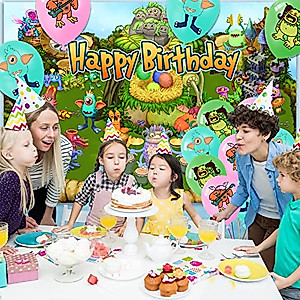 Singing Monsters Birthday Party Decoration, Monsters Game Party Photo Background 5 x 3 FT and 24Pcs Balloon, Monsters of Singing Party Backdrop Supplies for Girls, Boy and Baby Shower