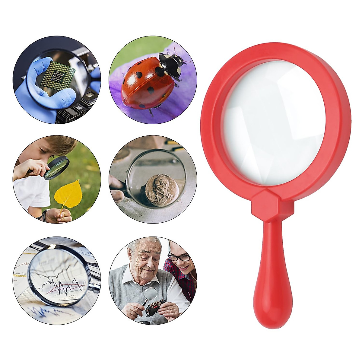 Kids Magnifying Glass Handheld Jumbo Magnifiers with Stand, Exploration Play Reading Magnifier for Children, 5X Magnification Loupe (Ages 3+) (Red)