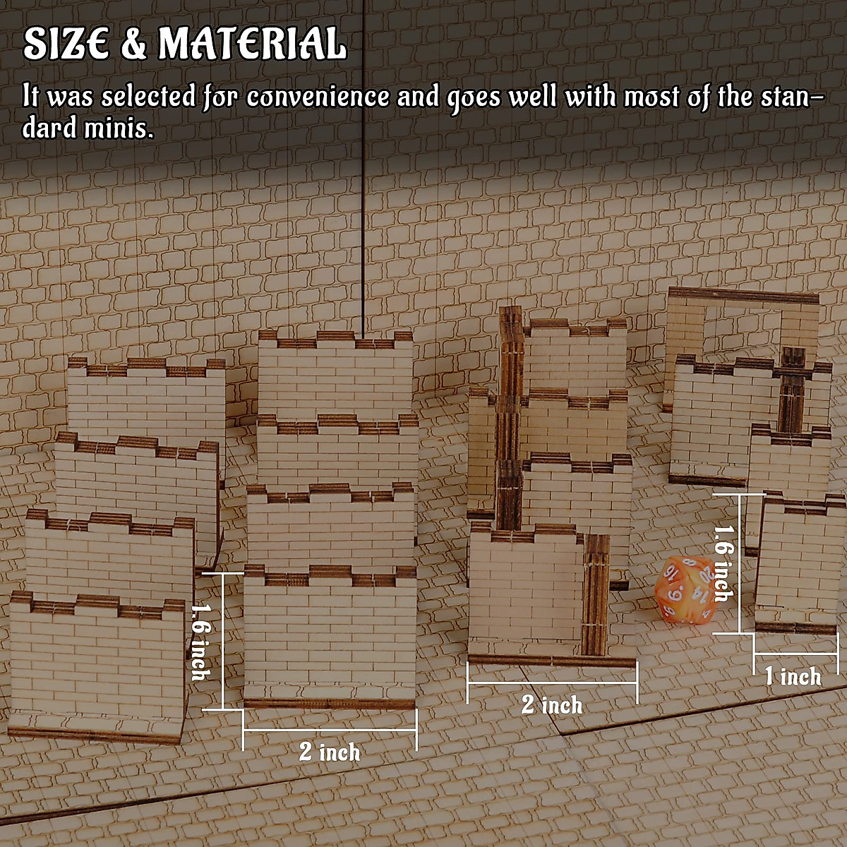Dungeon Brick Walls (Set of 16) Wood Laser Cut 2" x 1" 3D Modular Terrain Tiles 28mm Scale Perfect for D&D, Dungeons & Dragons, Warhammer and Other Tabletop RPG