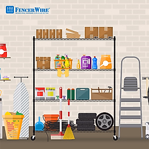 Fencer Wire 4-Tier Commercial Grade Heavy Duty Adjustable Height Wire Shelving w/Casters & Leveling Feet, Garage Shelving Storage Organizer, Storage Metal Steel Shelf, Utility Storage Shelf, Black..