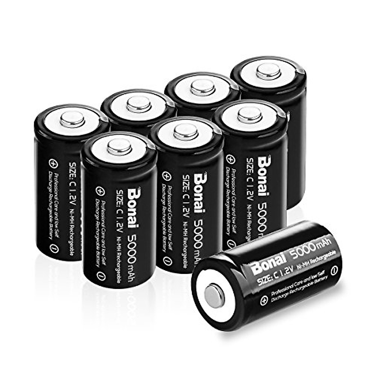 BONAI Rechargeable C Batteries 5,000mAh 1.2V Ni-MH High Capacity High Rate C Size Battery C Cell Rechargeable Batteries (8 Pack)