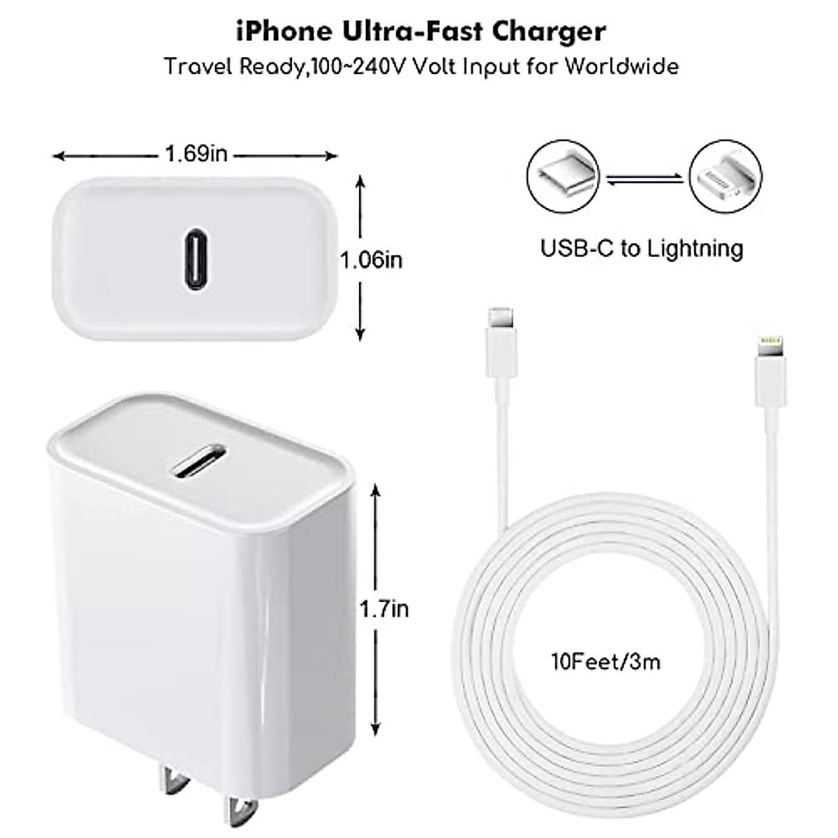 iPhone Fast Charger, 10 FT Long [Apple MFi Certified]USB C to Lightning Cable 10 Foot Cord with 20W Type C Wall Charger Block Plug Box Power Adapter Compatible for iPhone 14/13/12/11/Pro/Max/X/SE/iPad
