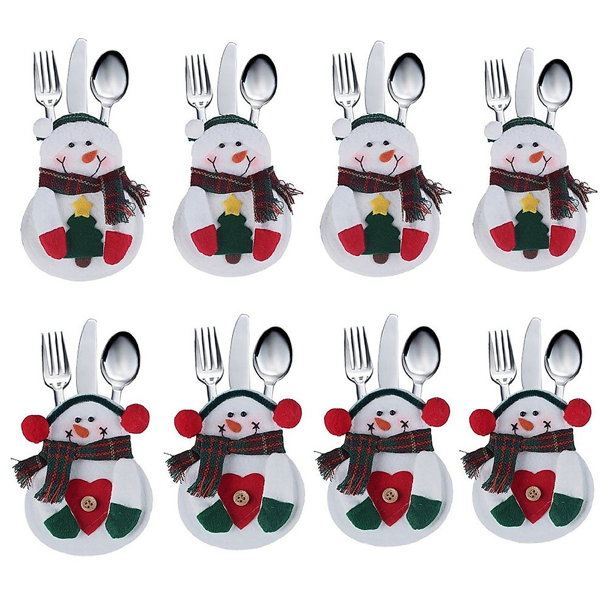 Deggod 8Pcs Christmas Tableware Holders Set, White Snowman Knife and Fork Bags Covers for Thanksgiving New Year Christmas Party Decorations Xmas Dinner Table Decor Ornaments (Snowman)