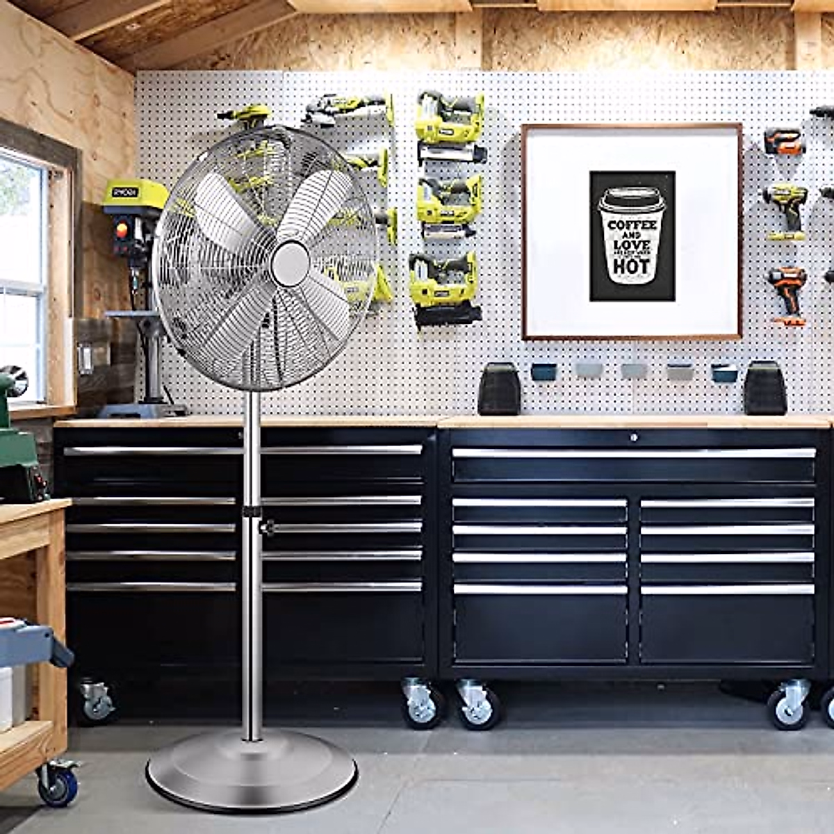 16 Inch Stand Fan, Adjustable Heights, Horizontal Ocillation 75°, 3 Settings Speeds, Low Noise, Quality Made Durable Fan, High Velocity, Heavy Duty Metal For Industrial, Commercial, Residential