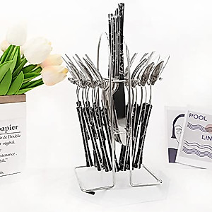 Snplowum 24-Piece Hanging Silverware Set With A Cutlery Rack, Mirror Stainless Steel Flatware With Imitation Marble Wooden Handle Service For 6, Black Silver