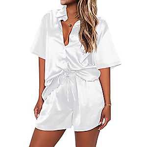Ekouaer Silk Pajama Set Women's Pjs Satin Shirt and Shorts Two Piece Outfits Button Up Lounge Shorts Set White,Medium