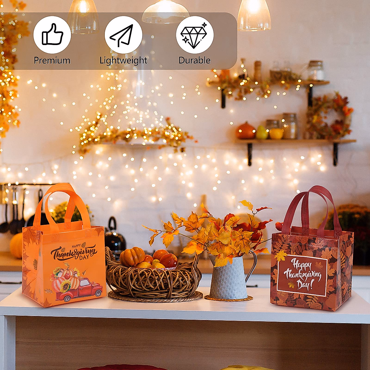 MIMIND 18 Pieces Thanksgiving Non-Woven Tote Bags Turkey Pumpkin Fall Party Gift Bags with Handles Thanksgiving Day Treat Bags Reusable Grocery Goodie Shopping Bags for Fall Thanksgiving Party Favors