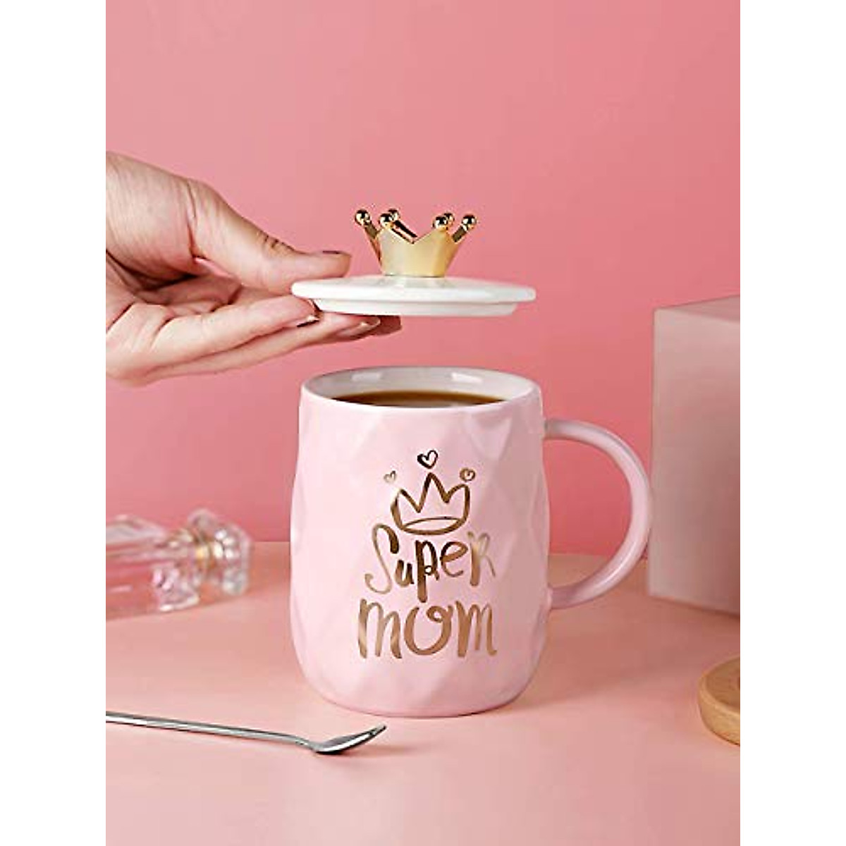 Mug for Mom with Crown Cute Coffee Ceramic Cup Unique Gift for Women Queen Wife Grandma Girlfriend Daughter Mother's Day - 15oz with Lid & Spoon (Super Mom)
