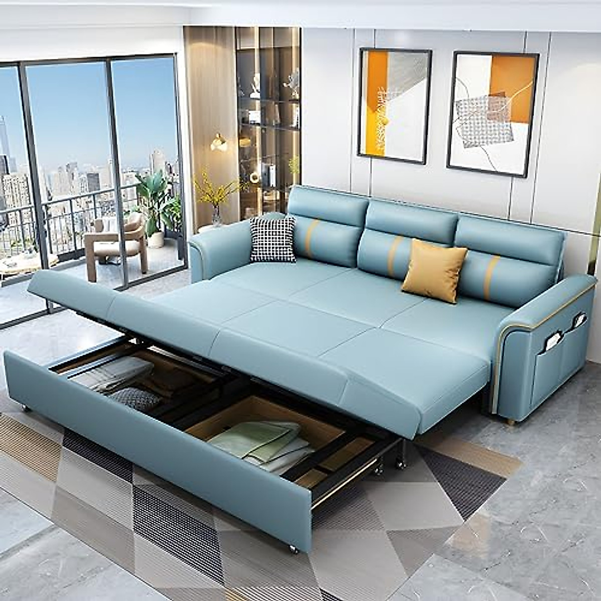 LAKIQ Contemporary Blue Sofa Bed with Storage Faux Leather, Metal, Sponge Seat Fill Loveseat Couch (94.5" L x 31.5" W x 33" H)