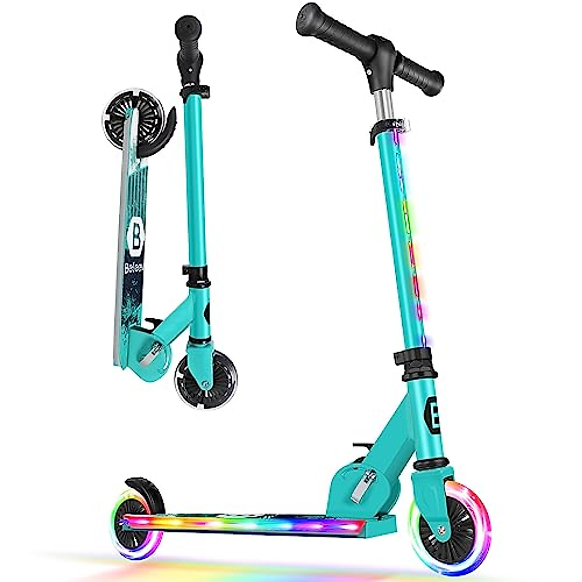 BELEEV Scooters for Kids Ages 3-12 with Light-Up Wheels & Stem & Deck, 2 Wheel Folding Scooter for Girls Boys, 3 Adjustable Height, Non-Slip Pattern Deck, Lightweight Kick Scooter for Children (Aqua)
