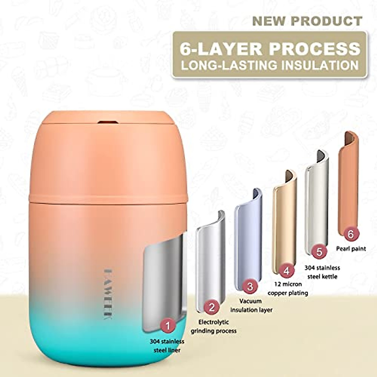 HAWEEK Insulated Food Container 17 oz Soup Thermo for Hot Food Adults, Stainless Steel Vacuum Lunch Box with Folding Spoon, Adult Kids Thermo Portable with Handle for School, Office, Outdoor