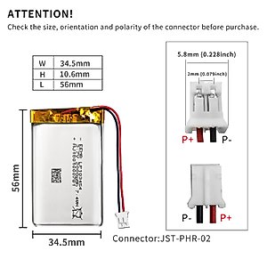 EEMB Lithium Polymer Battery 3.7V 2000mAh 103454 Lipo Rechargeable Battery Pack with Wire JST Connector for Speaker and Wireless Device- Confirm Device & Connector Polarity Before Purchase