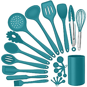 Silicone Kitchen Utensils Set, E-far 23 Pcs Blue Cooking Utensils Tools with Holder for Nonstick Cookware, Include Spatula/Spoon/Ladle/Tongs/Turner, Heat Resistant & Nontoxic, Dishwasher Safe
