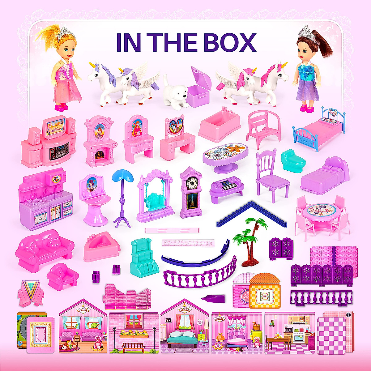Dollhouse with 2 Princesses, 4 Unicorns, Dog, Furniture and Accessories - Pink and Purple Dream Doll House Toy for Little Girls - 5 Rooms w/Garden, Furniture and Accessories, Gift for Girls Ages 2-8