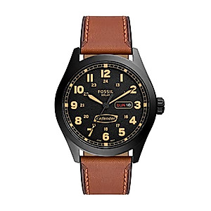Fossil Men's Defender Solar-Powered Stainless Steel and Leather Watch, Color: Black, Brown (Model: FS5978)