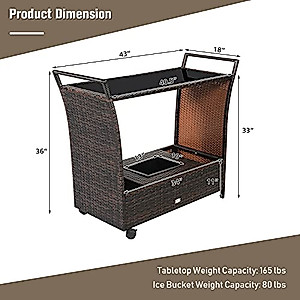 Tangkula Outdoor Wicker Bar Cart, Patio Wine Serving Cart w/Wheels & Removable Ice Bucket, Rolling Rattan Beverage Bar Counter Table w/Glass Top for Porch Backyard Garden Poolside Party, Mix Brown