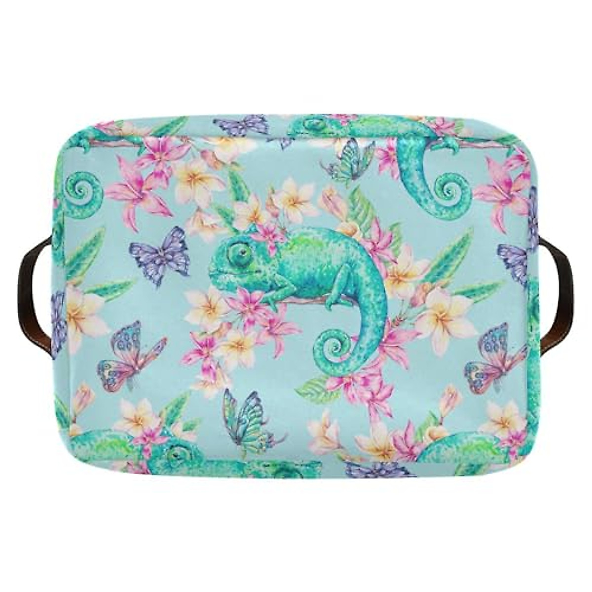 xigua Green Chameleon Storage Basket Foldable Storage Bin, Canvas Rectangular Storage Basket with Leather Handles for Home Closet & Office Decoration