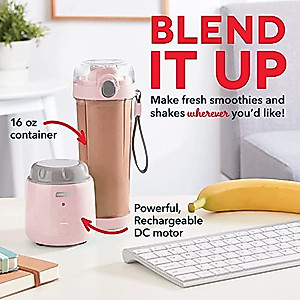 Dash 16 oz Personal USB Bottle Blender with Travel Lid and Charging Cord, Single-Serve Smoothie and Juice Maker, Rose