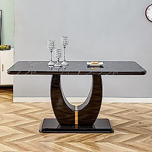 Pvillez Marble Dining Table, 63 inch Kitchen Dining Table for 6, Mid Century Modern Dining Room Table with Black Faux Marble Top & U Shape Pedestal Base, Rectangle Dinner Table for Dining Room Kitchen