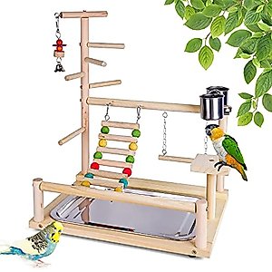 RoseFlower Parrots Bird Wooden Playstand, Birdcage Playground Play Gym Parakeet Playpen Ladder with Feeder Cup and Tray, Bird Toys Swing Exercise Toy #4