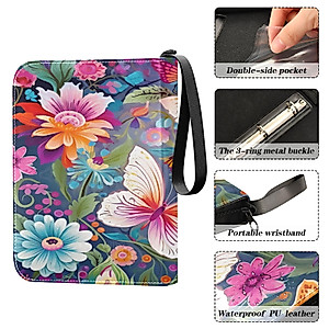 PYBUG Butterfly Trading Card Binder with Nylon Strap 4-Pocket Waterproof PU Leather Card Collection Binder for 400 Cards Sturdy Card Holder Folders for Game Cards,Sports Cards
