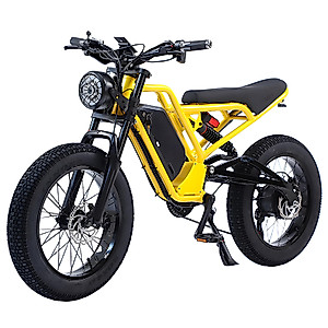 Helasdvt MZB1 1500W Electric Mountain Bike,48V18A Removable Battery,35MPH Adult Electric Bike,20 Inch Fat Tire Retro Electric Bike,7Speed,with Suspension Fork,Hydraulic Brake System(Yellow 1 Battery)…