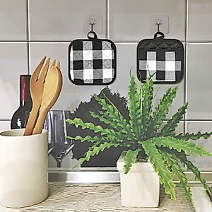 Whaline 6pcs Christmas Buffalo Plaid Hot Pot Holders Cotton Hot Pad with Pocket Reusable Heat Resistant Oven Mint for Kitchen Cooking and Baking (White Black)