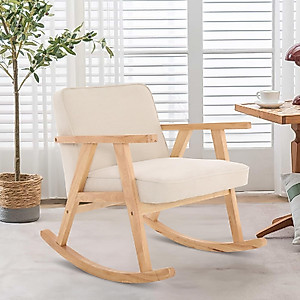JEEOHEY Nursery Rocking Chair, Modern Upholstered Button Tufted Teddy Fabric Rocker Glider Chairs Single Sofa Armchair w/Solid Wood Legs, Side Pockets for Nursery Room, Living Room, White